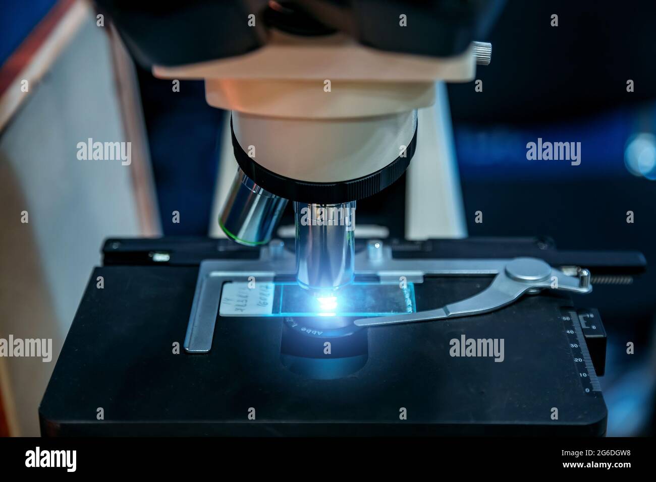 Scientific or medical test sample under light microscope in laboratory ...