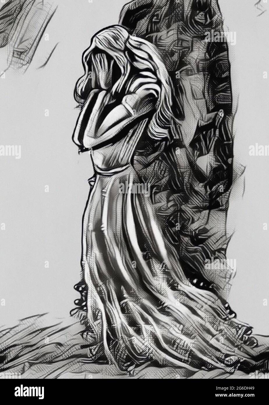 A crying white lady ghost illustration Stock Photo - Alamy