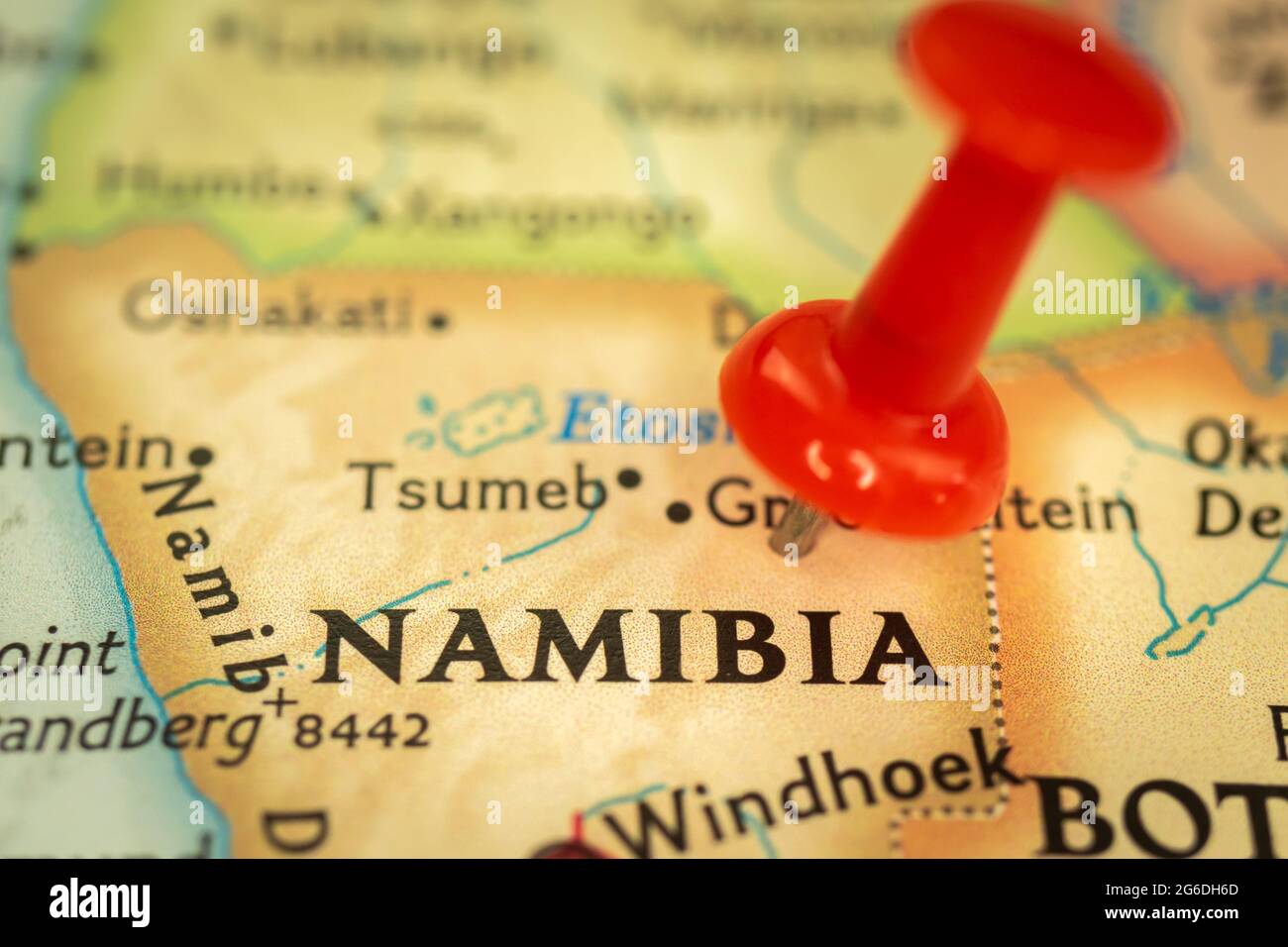 Location Namibia, map with push pin closeup, travel and journey concept ...