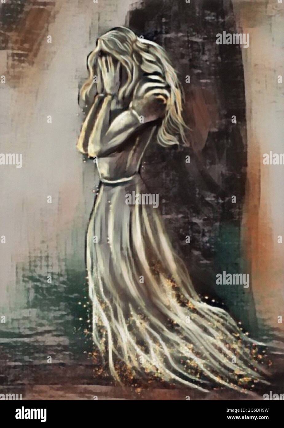 A crying white lady ghost illustration Stock Photo - Alamy