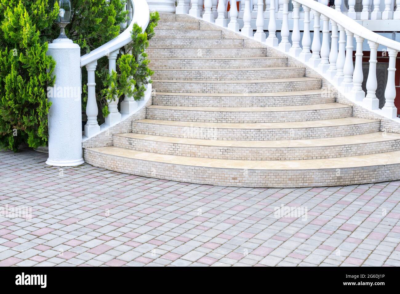 Wide staircase with granite steps and white railings Stock Photo - Alamy