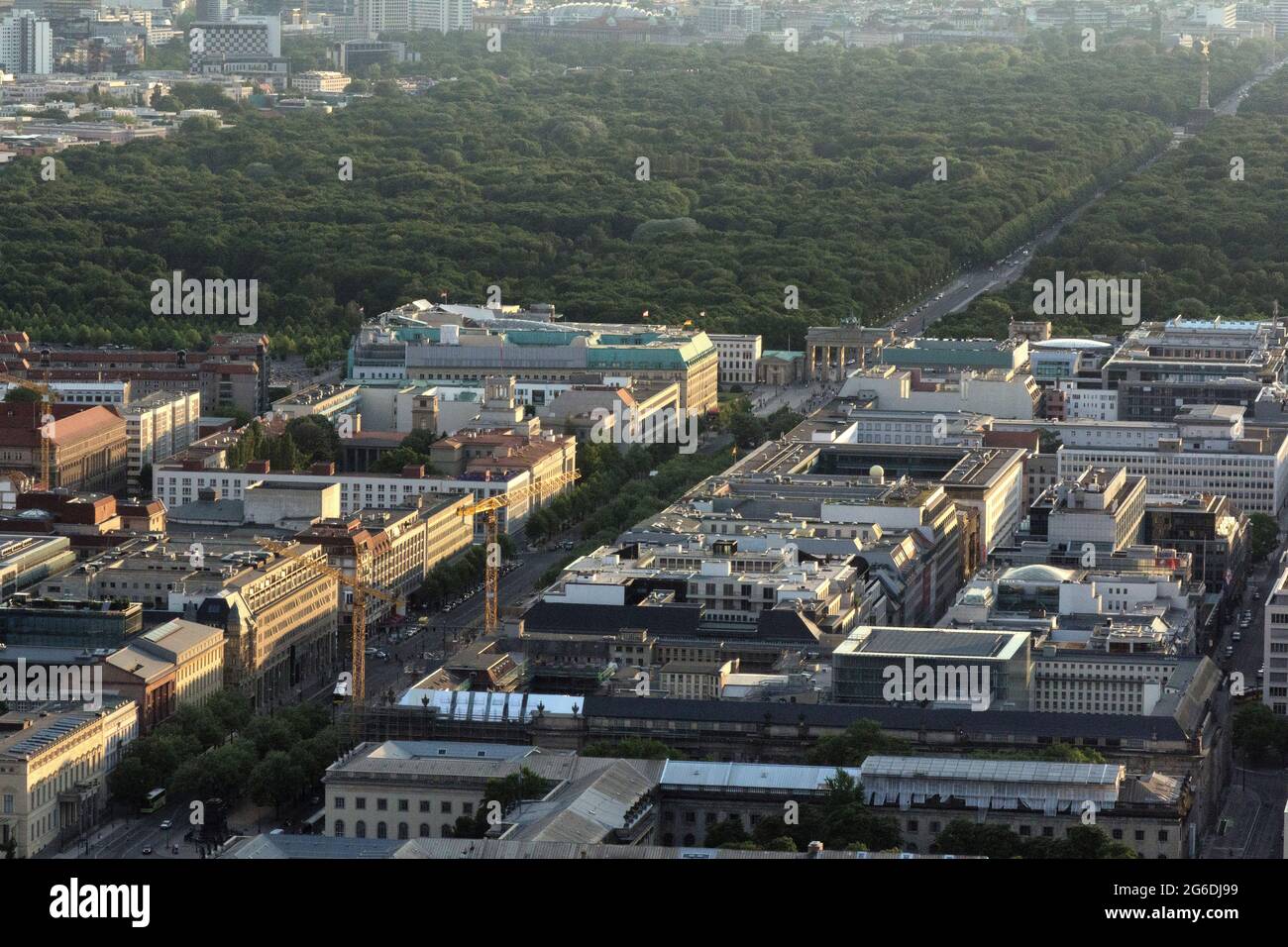 Panoramic view of Berlin cityscape and Brandenburg Gate at sunset from ...
