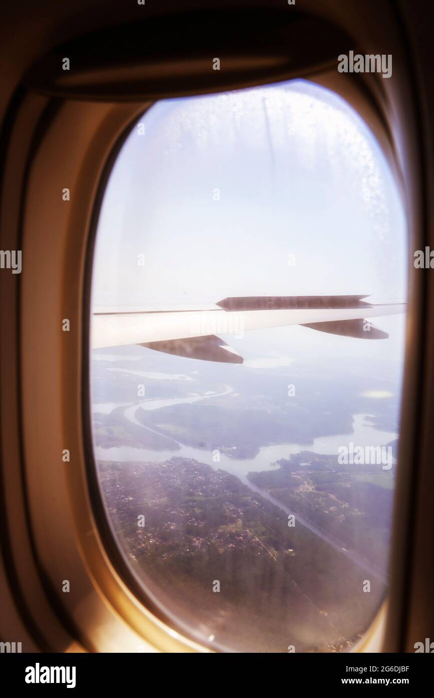 Beautiful aerial view seen through window of flying aeroplane Stock ...