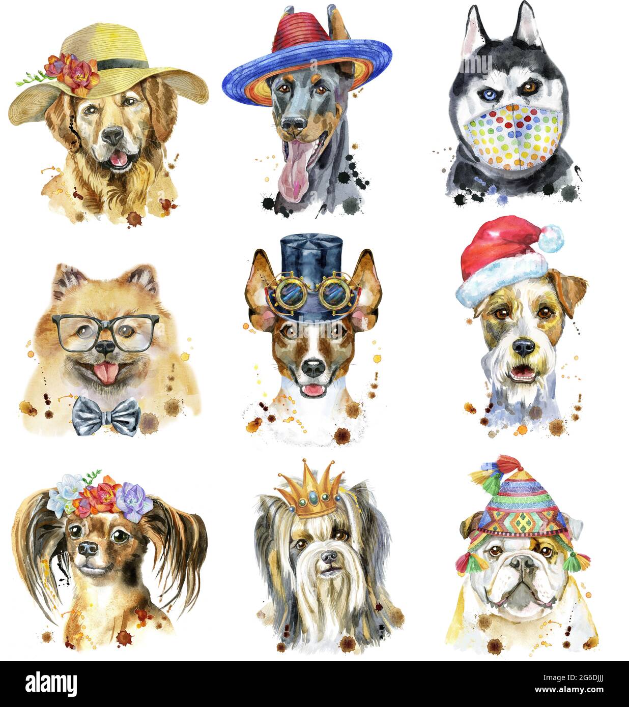 Cute set of watercolor portraits of dogs. For t-shirt graphics ...