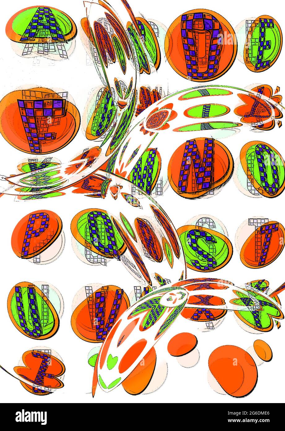 Alphabet letters are imprinted on glass balls and floating in air ...