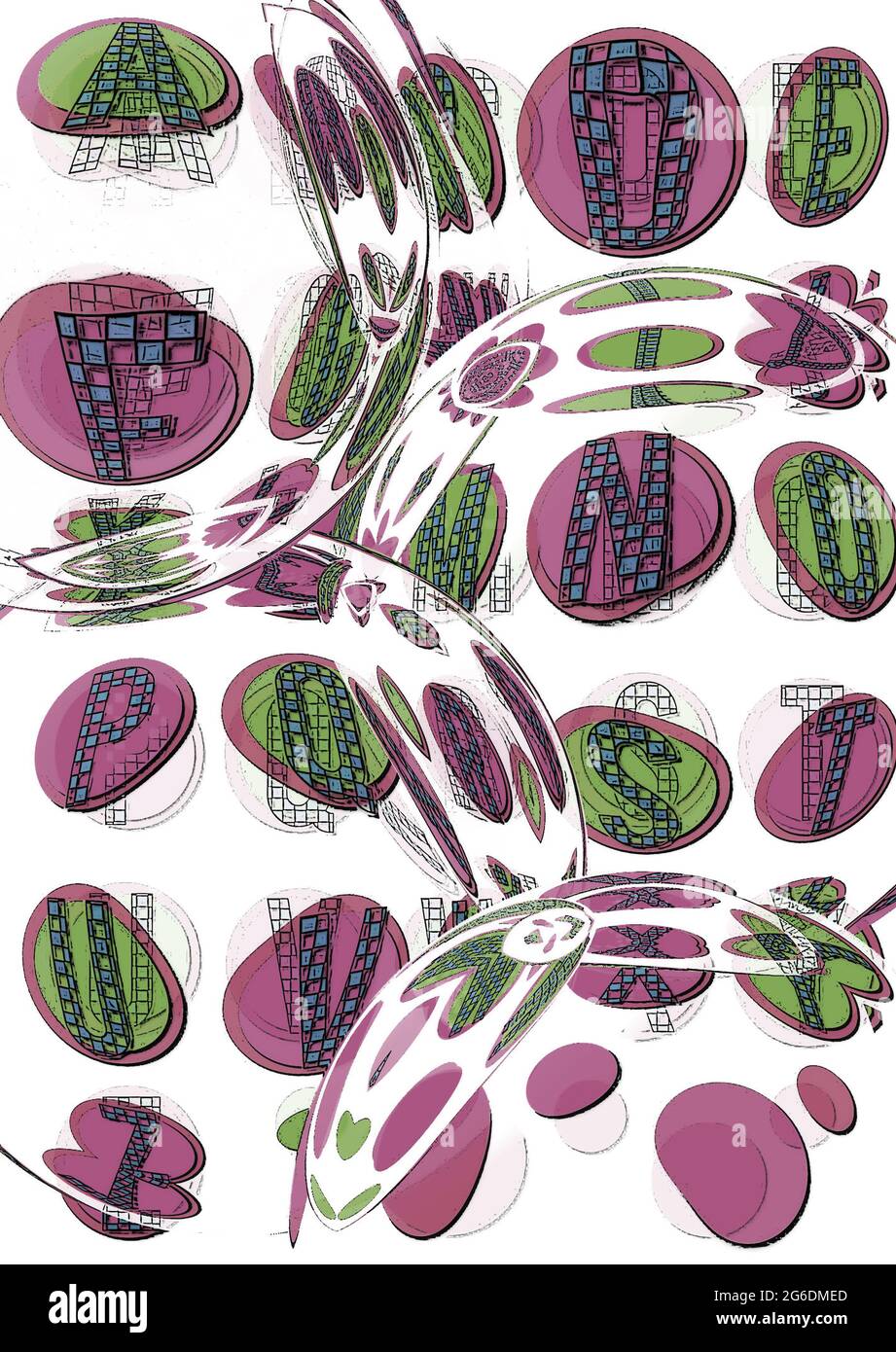 Alphabet letters are imprinted on glass balls and floating in air ...