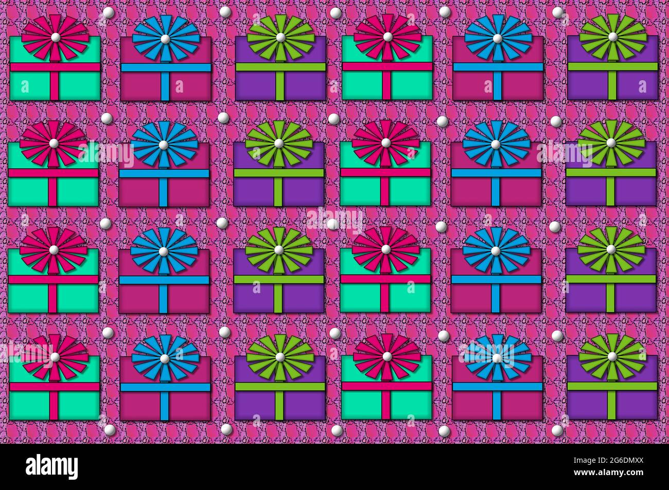 Abstract pink print pattern is background for rows of gift wrapped ...