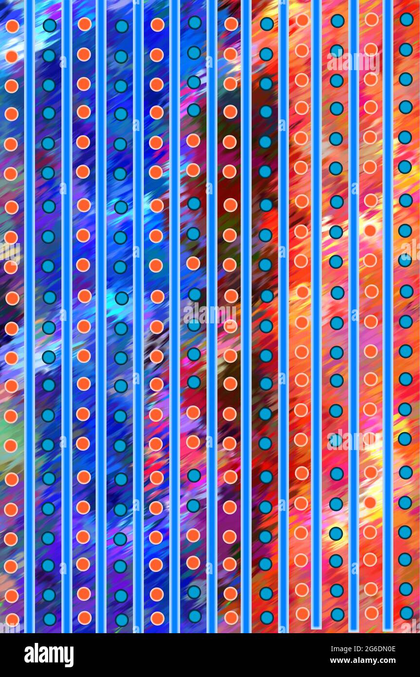 Busy background in orange and blue has lines and dots. Rows of each ...