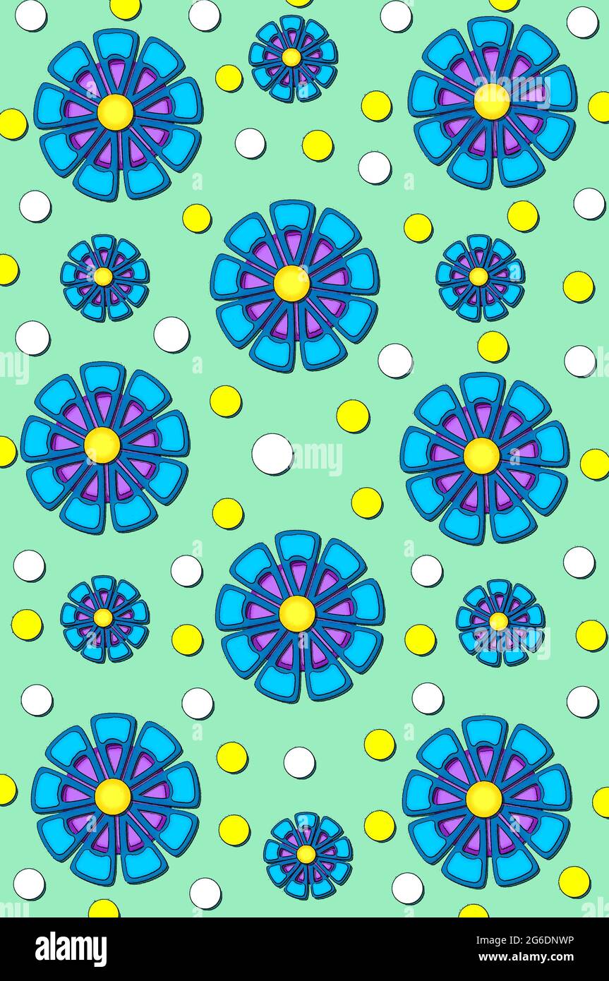 Background is filled with mint green color. Flowers in blue, purple and ...