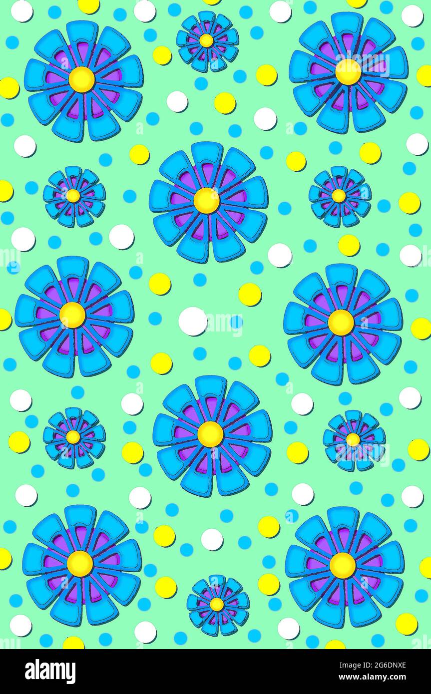 Background is filled with pastel green color. Flowers in blue, purple ...