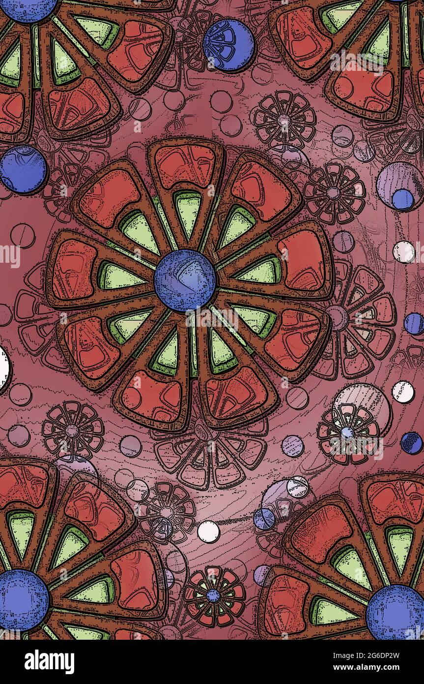 Background is filled with muted red color. Flowers in red, yellow and ...