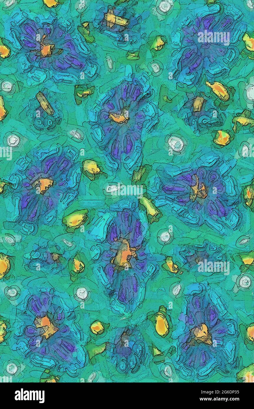 Background is filled with muted turquoise color. Flowers in multiple ...