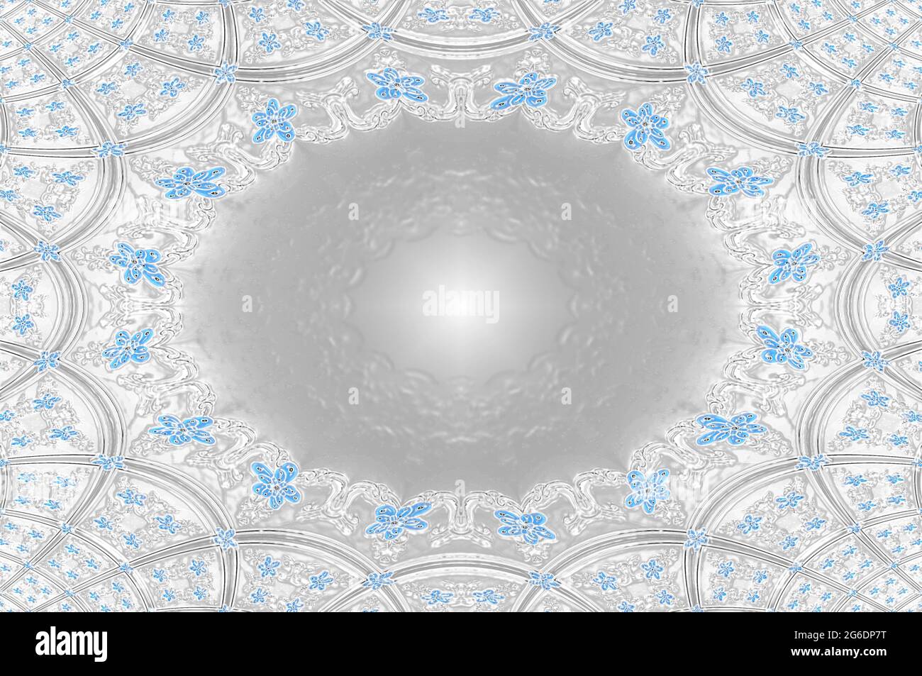 Blue flowers. grey and white scroll work form elegant squares in this ...