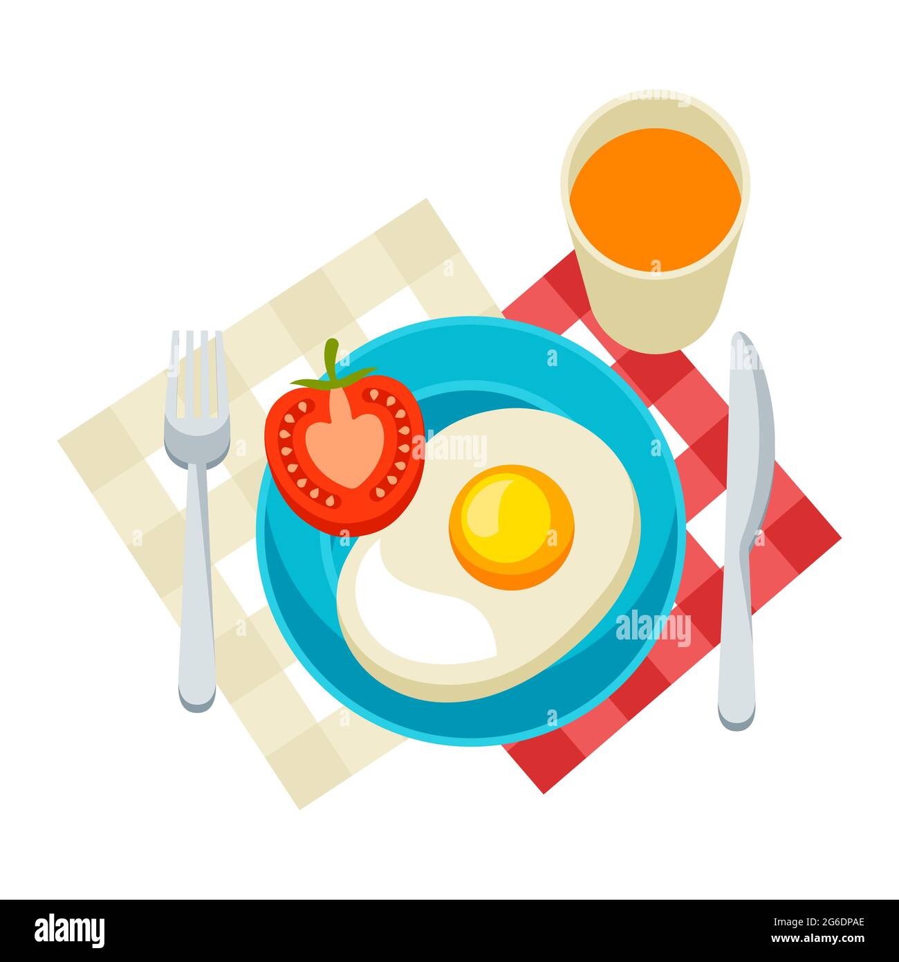 Breakfast illustration. Fried eggs, tomatoon on plate and juice ...