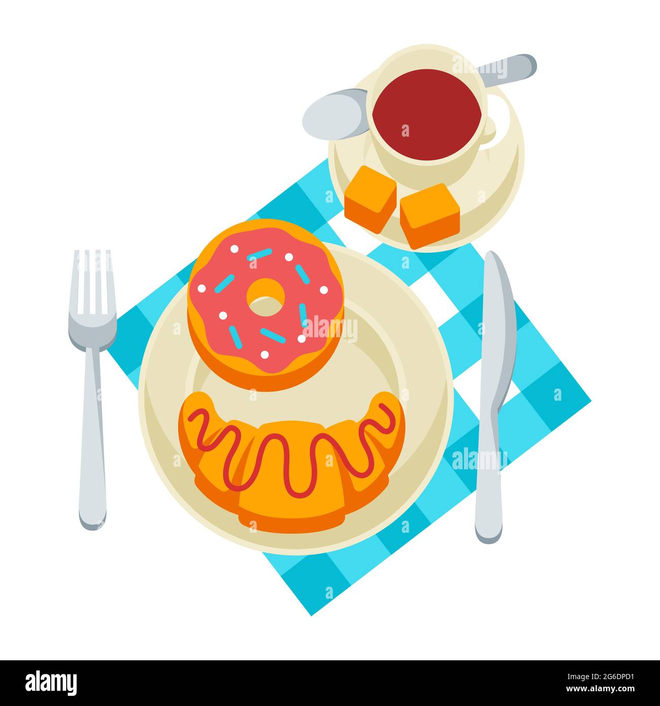 Breakfast illustration. Tasty pastry on plate and cofee. Concept for ...