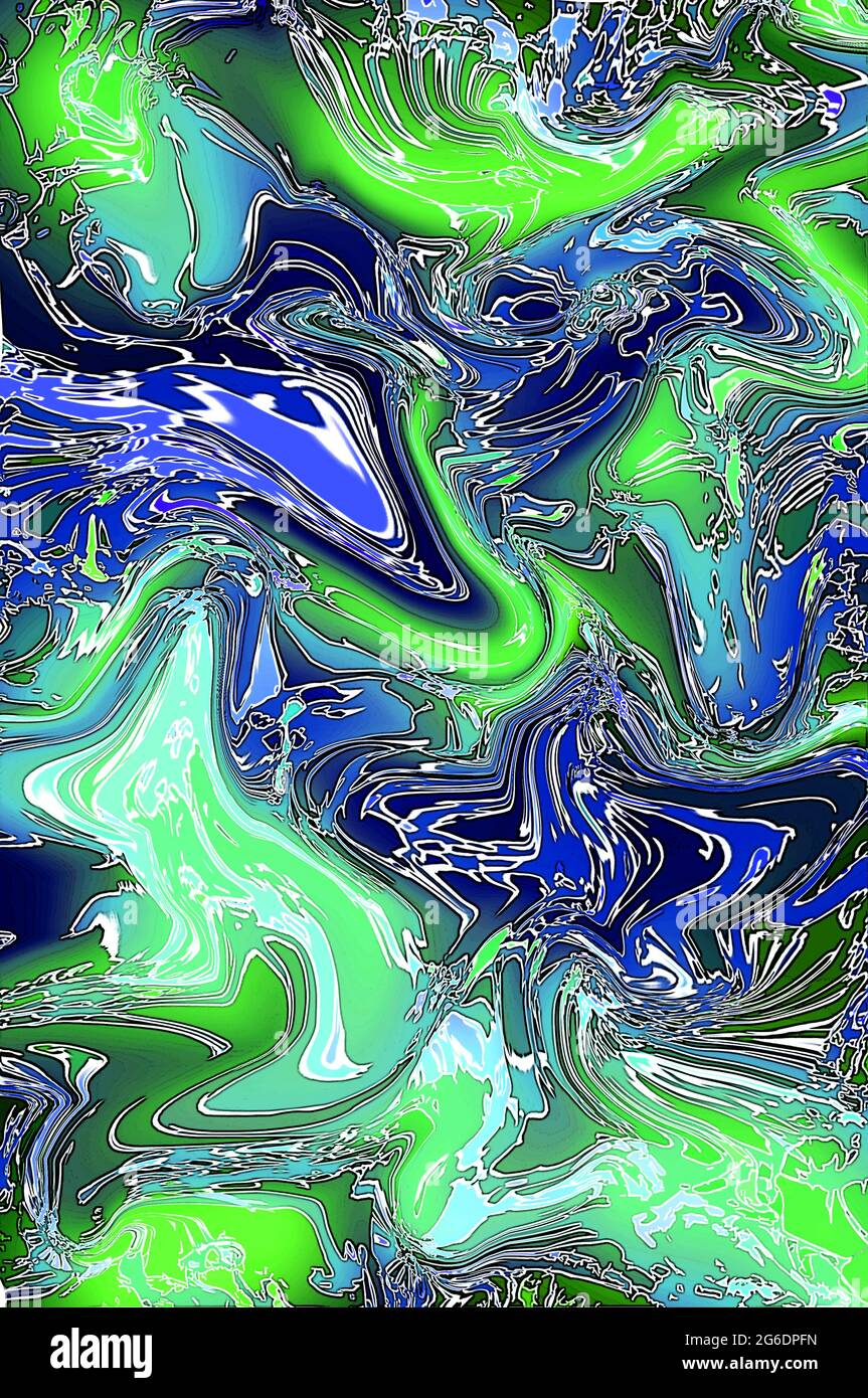 Earth and oceans melt into liquid mass in vivid greens and blues Stock ...