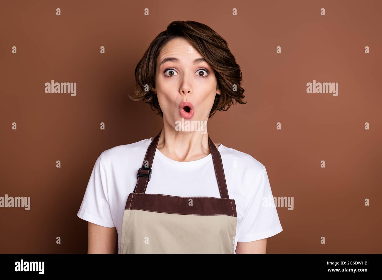 Portrait of attractive amazed impressed girl news reaction pout lips ...