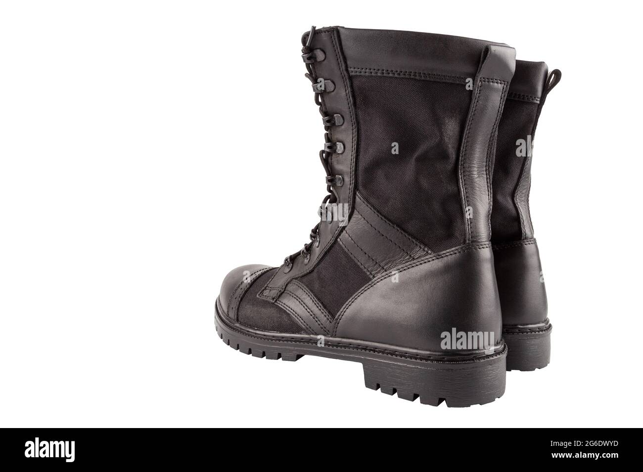 a pair of one new black lightweight military boots isolated on white ...