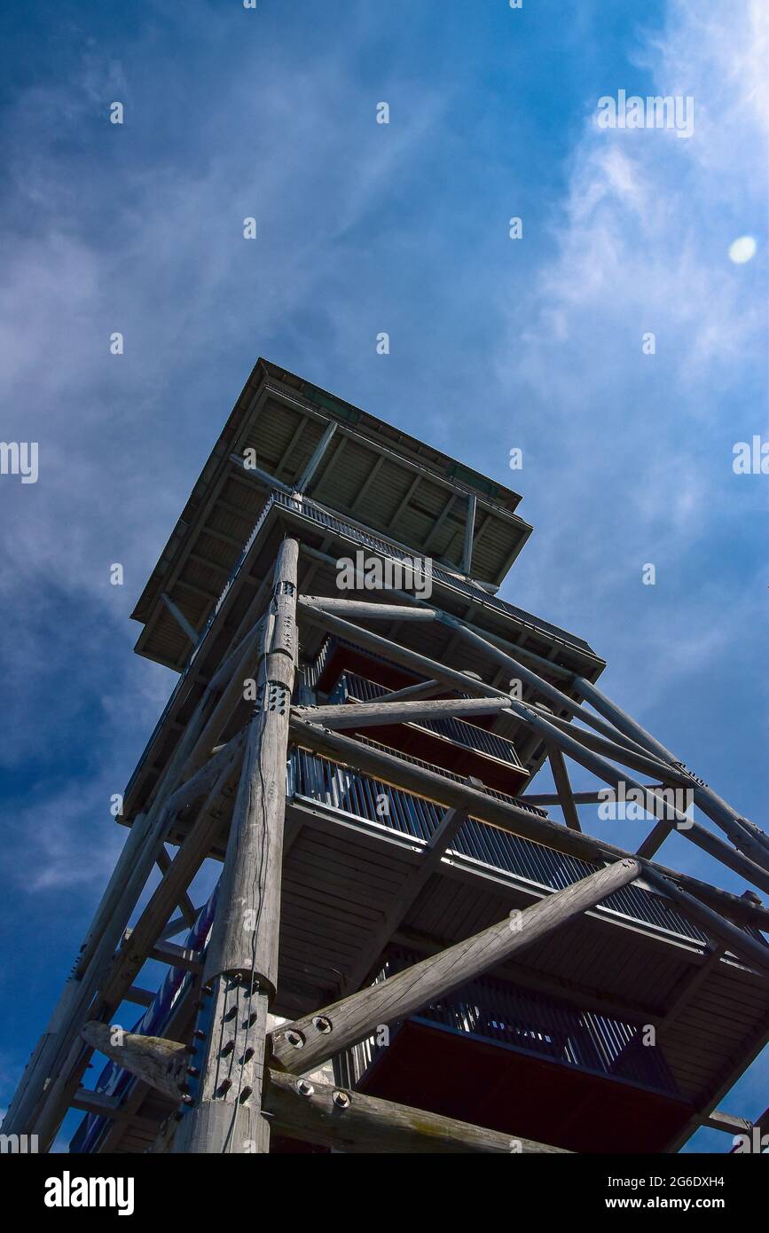 Wooden watchtower in Wdzydze Kiszewskie, seen from below Stock Photo ...