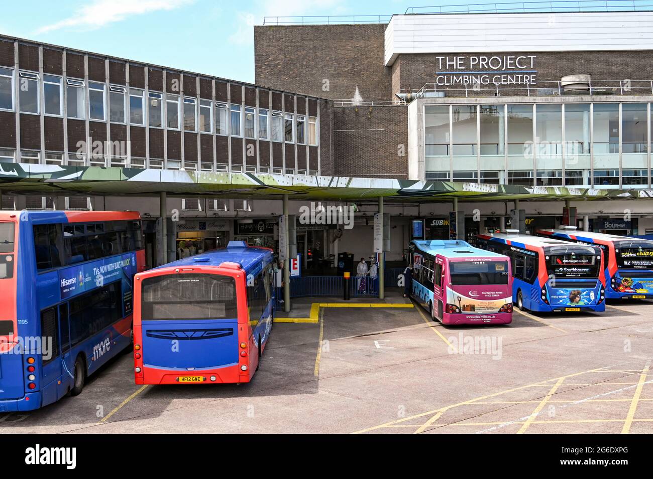 Poole, England - June 2021: Buses parked in the bus station in Poole ...