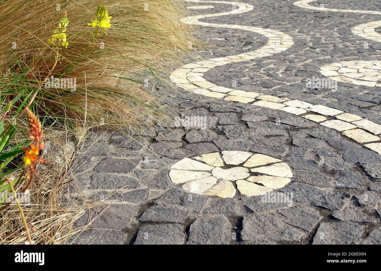 Sidewalk with cobble stones, white and grey, Azores travel destination ...