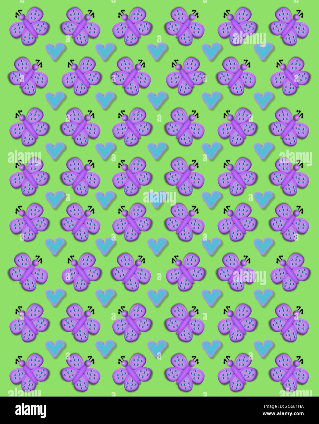 Rows of butterflies and gearts fill image. Background is bright green ...