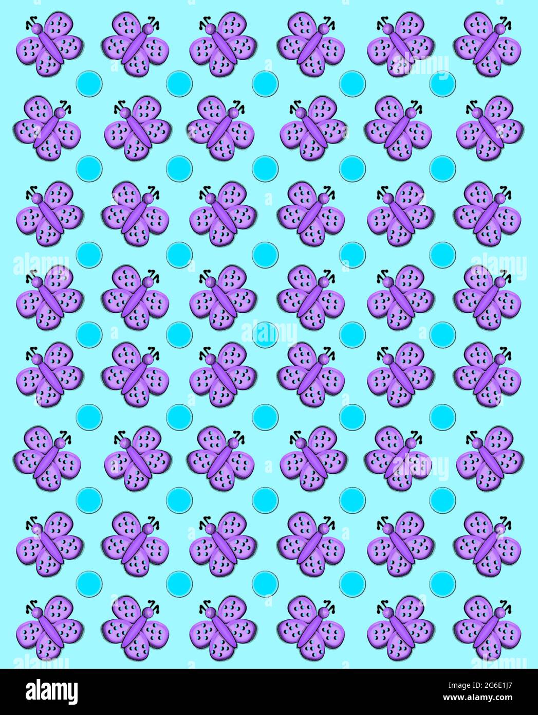 Rows of butterflies and circles fill image. Background is light aqua ...