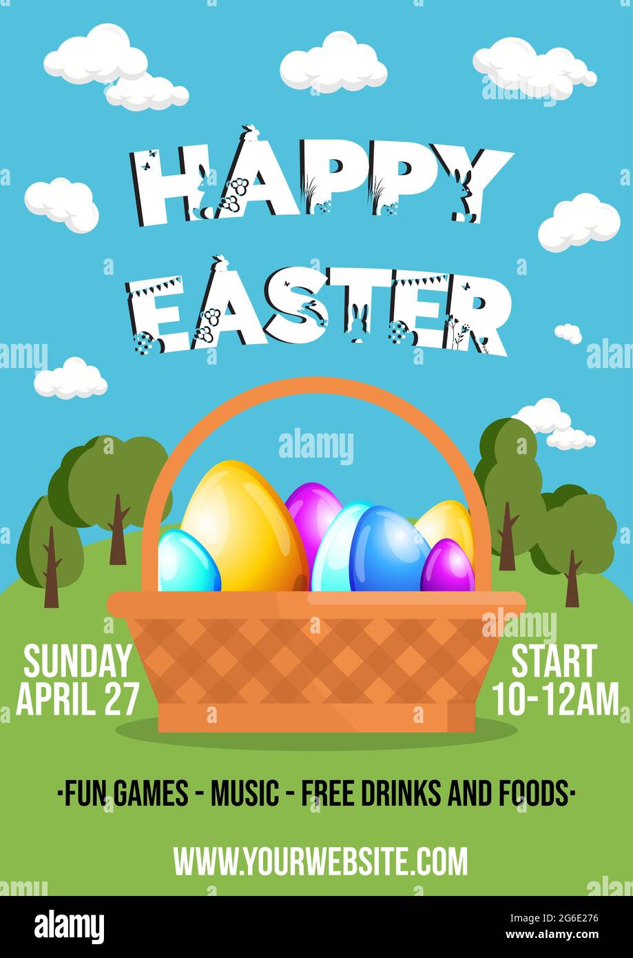 Happy Easter template for flyer, poster, banner with eggs in basket and ...