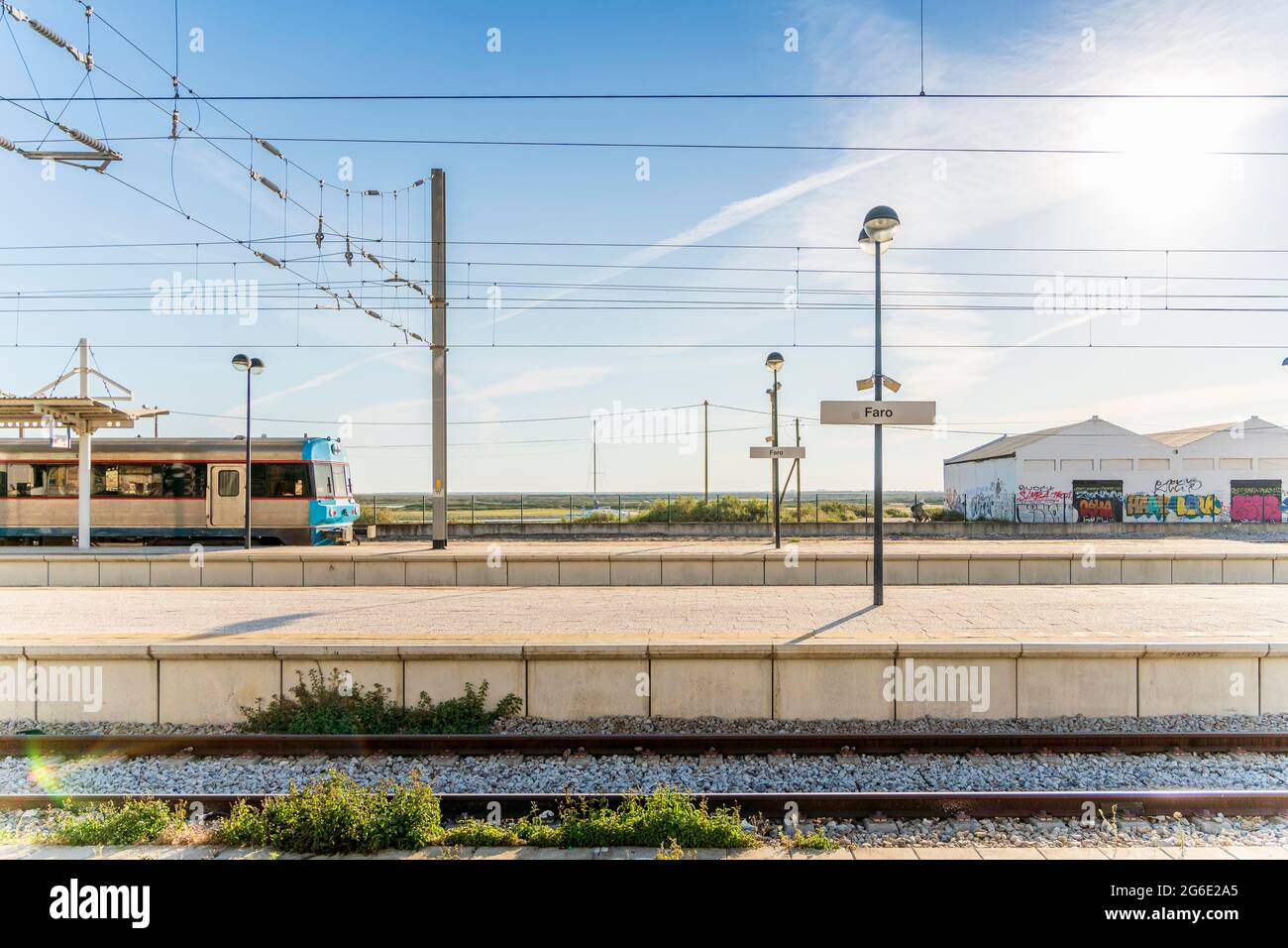 Train and Faro signs on the train station in Algarve, Portugal Stock ...