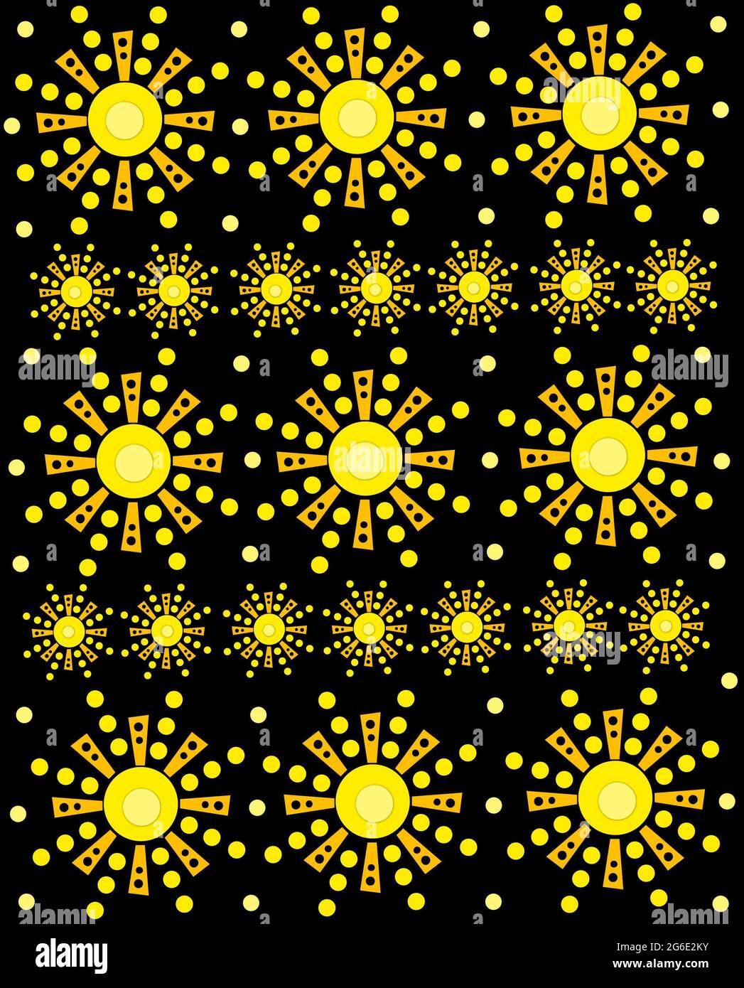 Rows of geometricly shaped snowflakes drift from a black background sky ...