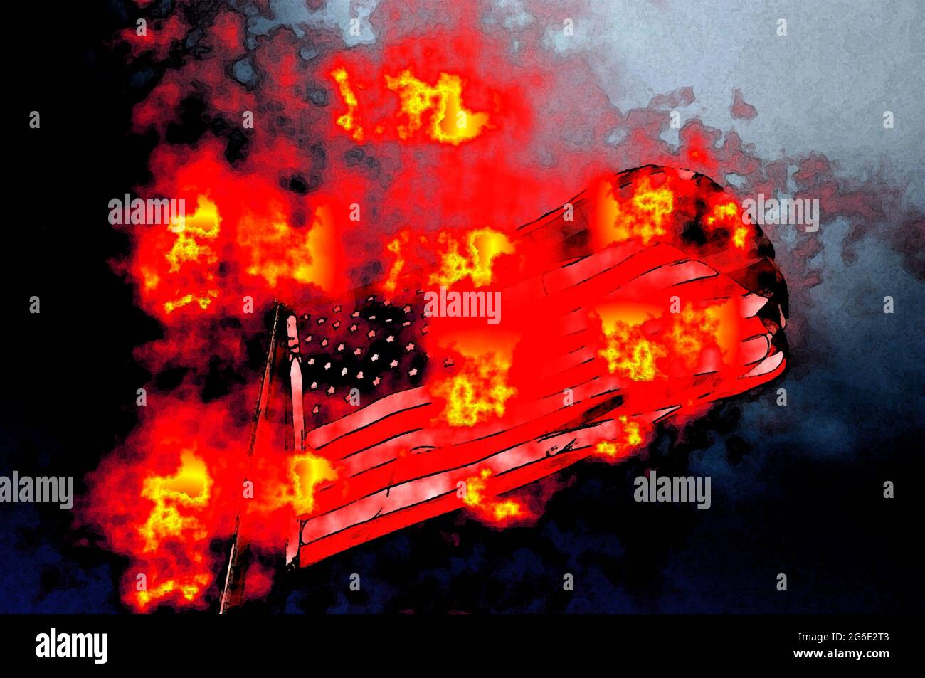 US flag goes up in flames as it hangs from a flag pole. Darkness ...