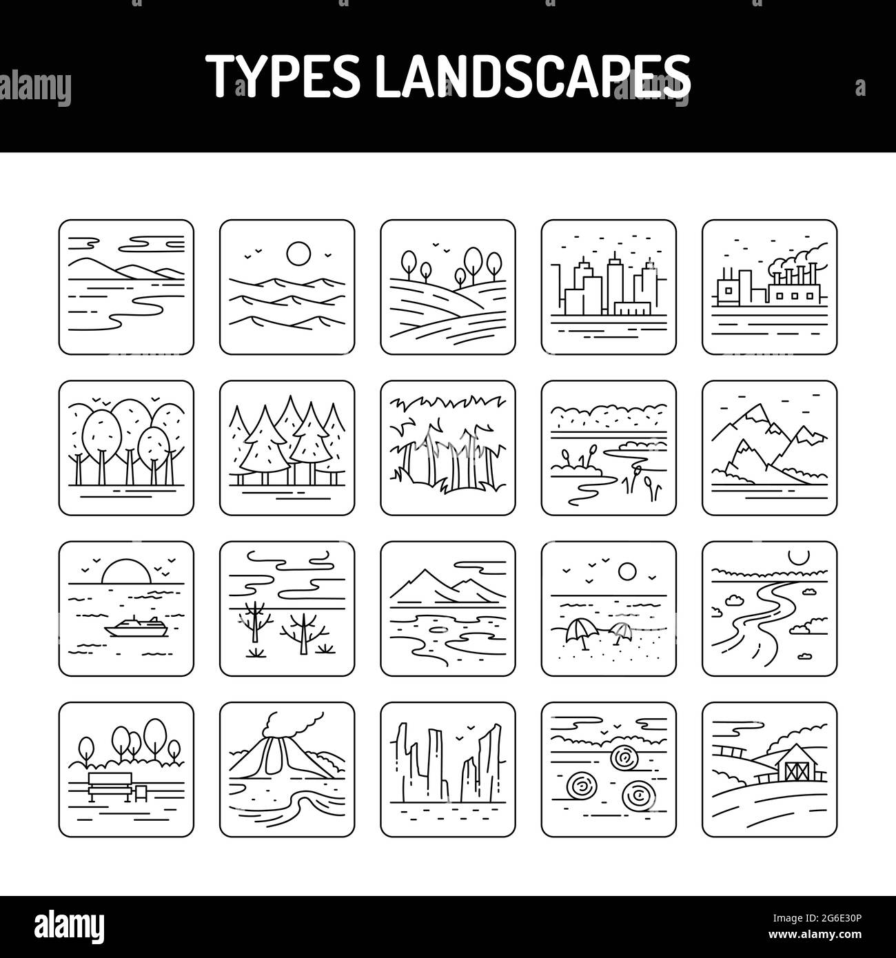 Types landscapes line icons set. Isolated vector element. Outline pictograms for web page ...