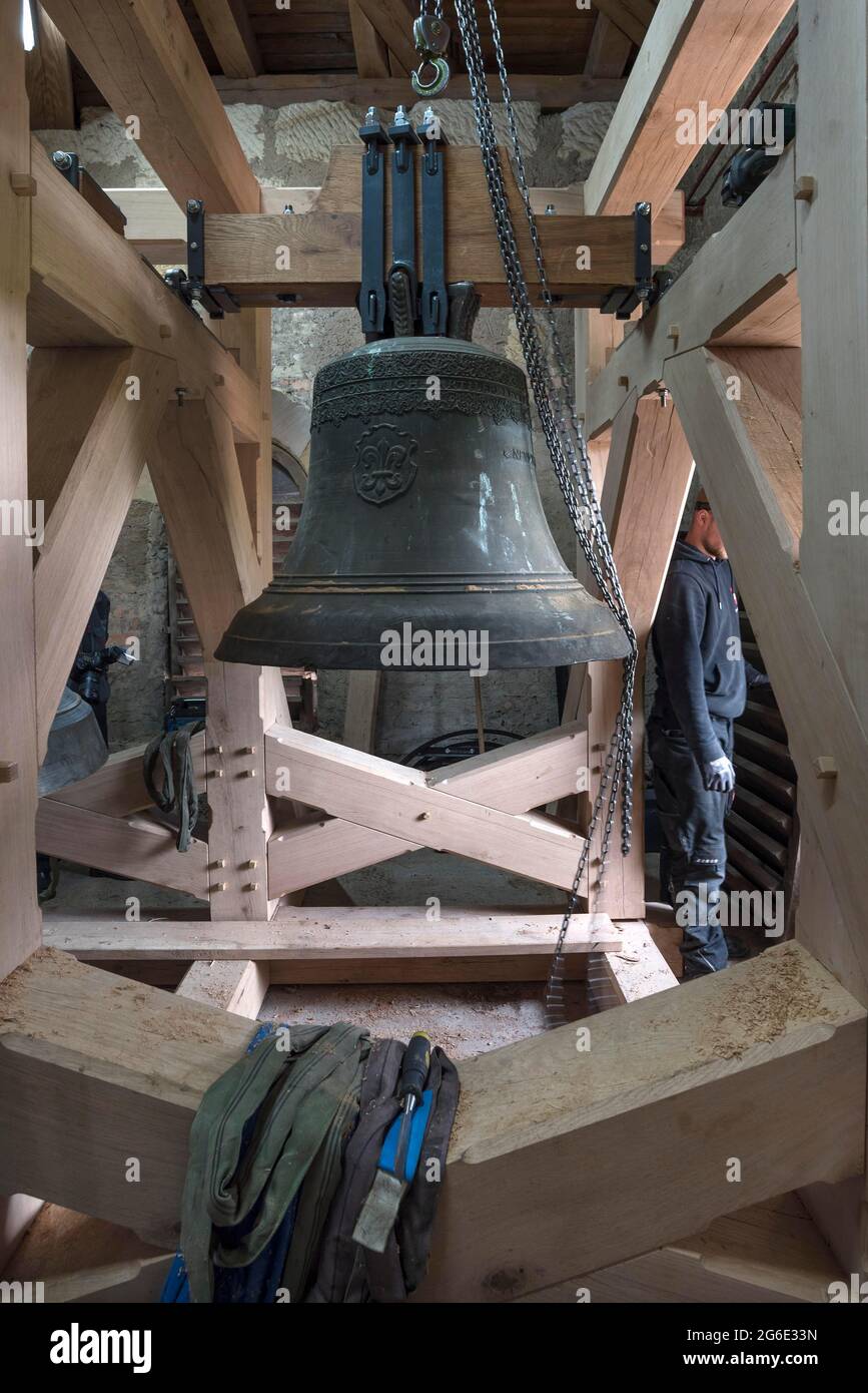 Historical bell in the new belfry, St. Johanniskirche, Neunhof/Lauf ...