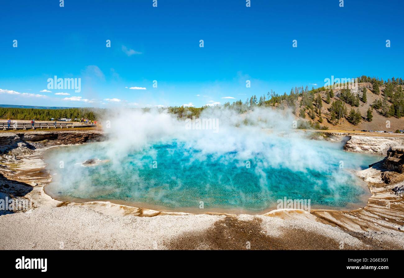 Hot spring with steaming turquoise water, Excelsior Geyser Crater ...