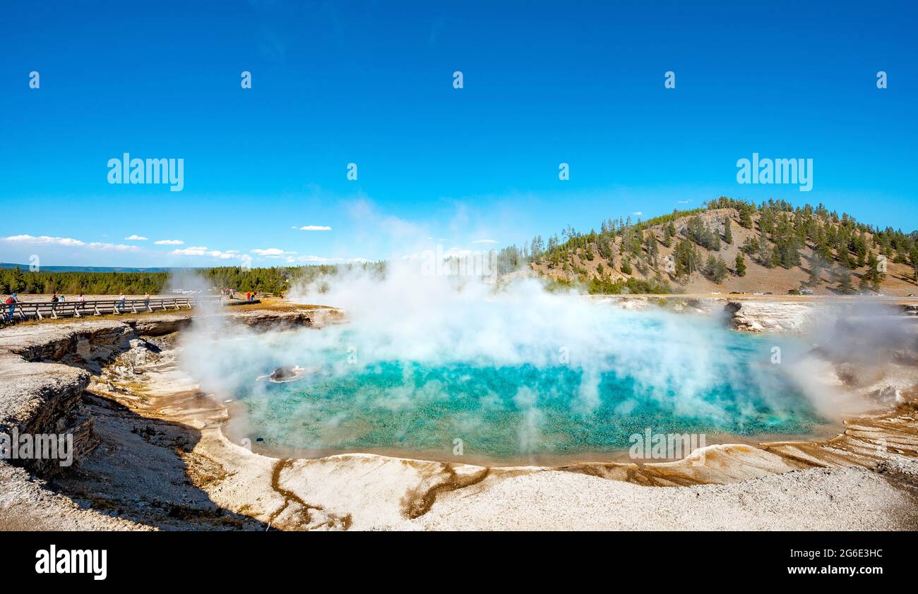 Hot spring with steaming turquoise water, Excelsior Geyser Crater ...