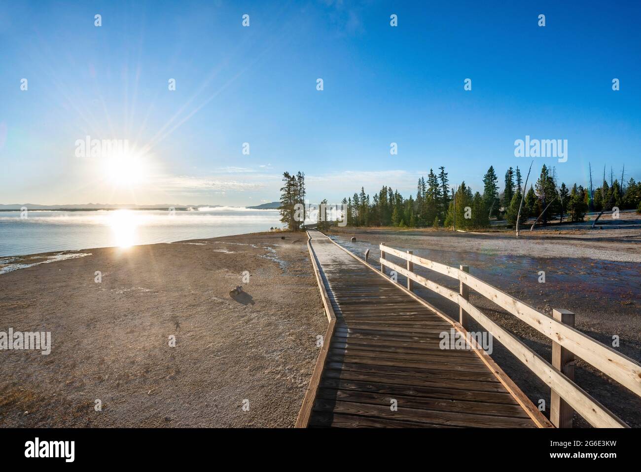 Boardwalk at the West Thumb of Yellowstone Lake, morning sun, West ...