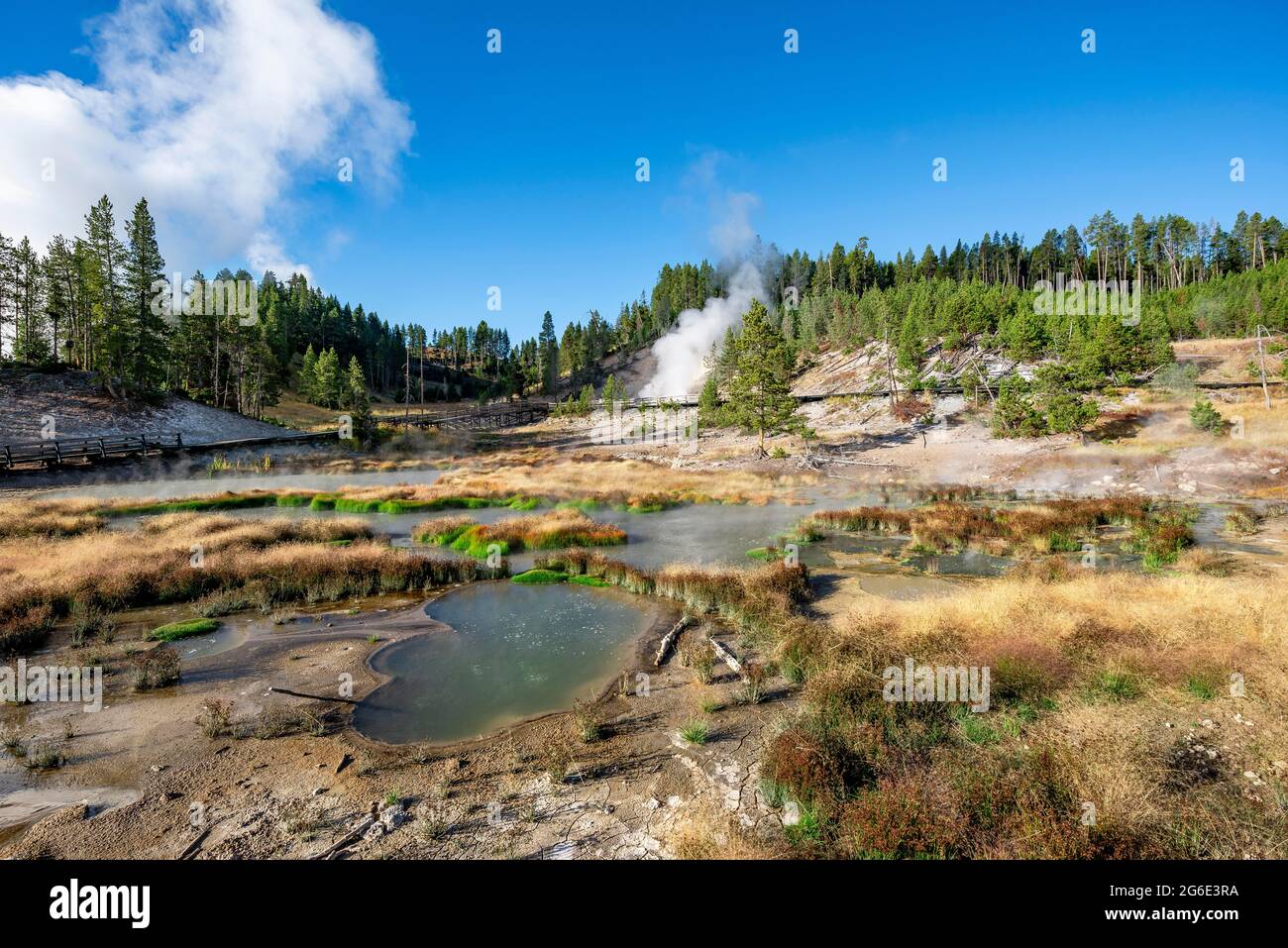 Mud Volcano, steaming thermal spring in the back, Dragon's Mouth Spring ...
