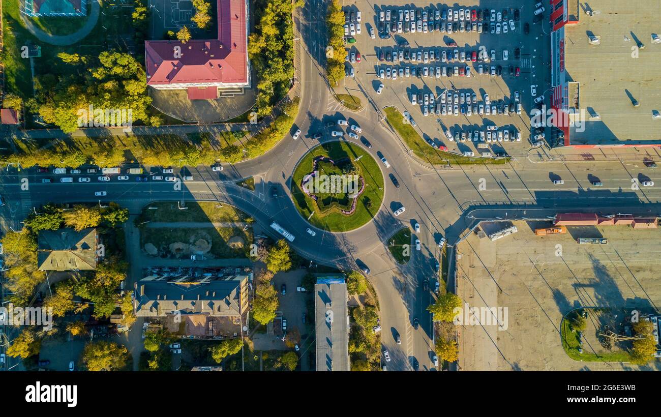 Aerial top view of road junction from above, automobile traffic and jam ...