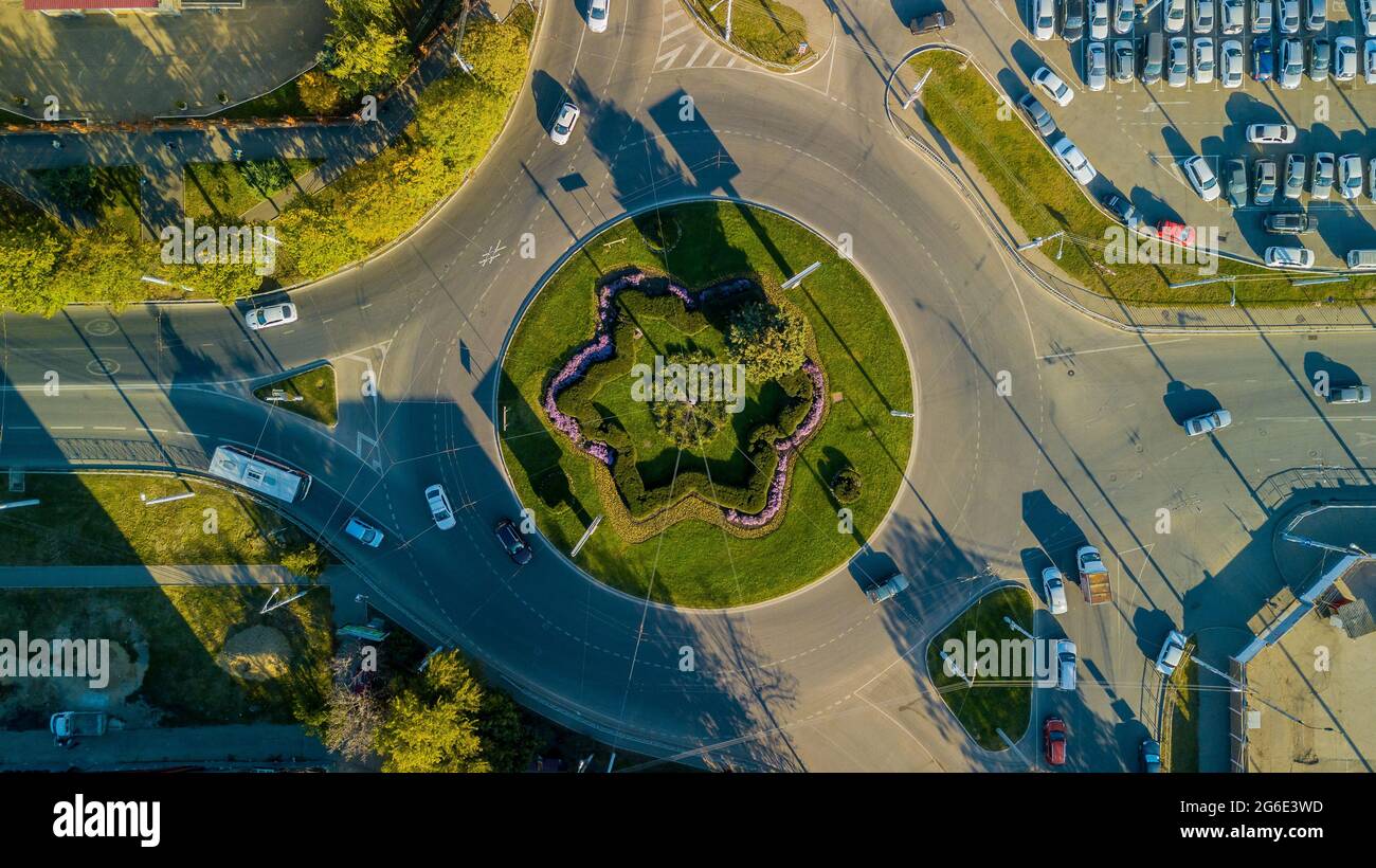 Aerial top view of road junction from above, automobile traffic and jam ...