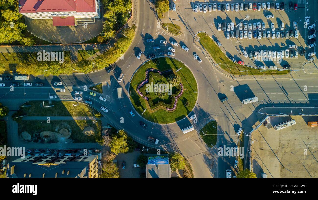 Aerial top view of road junction from above, automobile traffic and jam ...