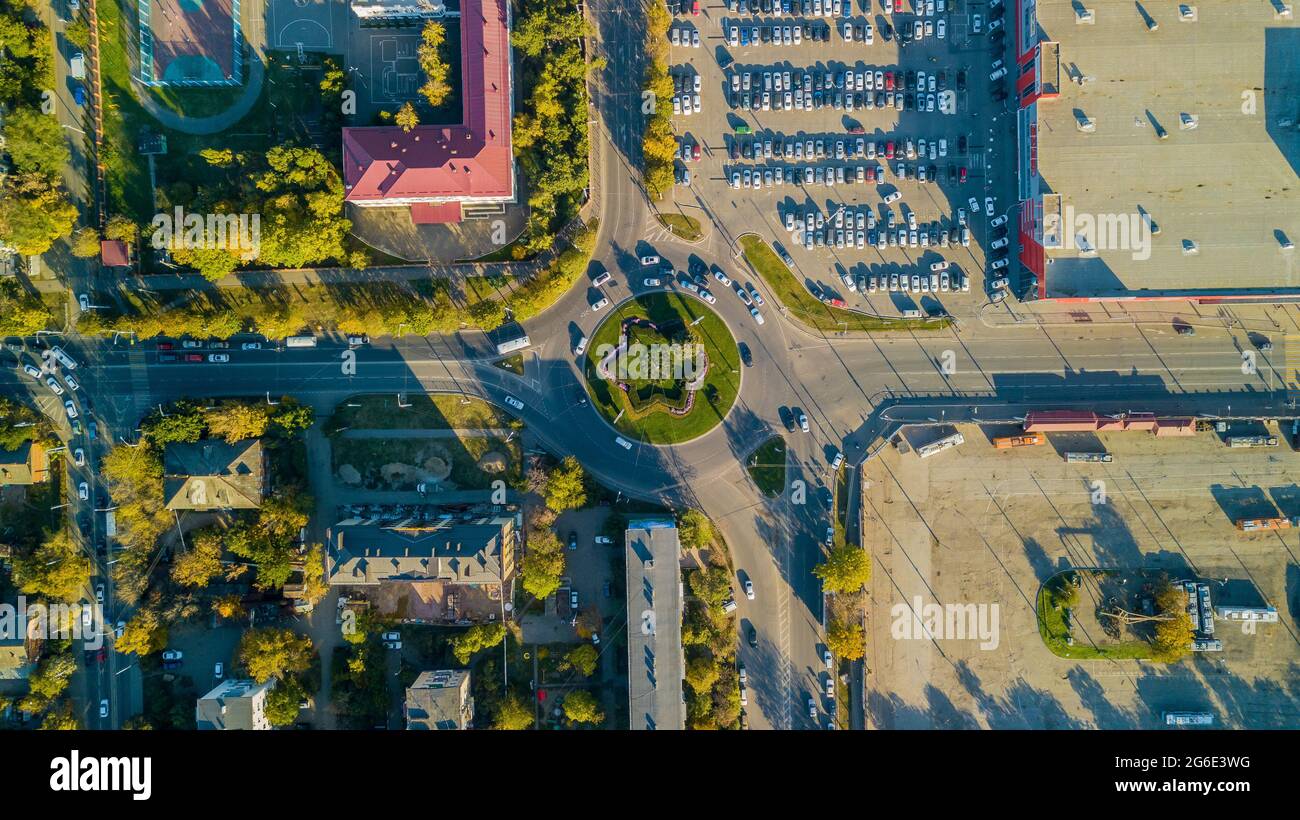 Aerial top view of road junction from above, automobile traffic and jam ...
