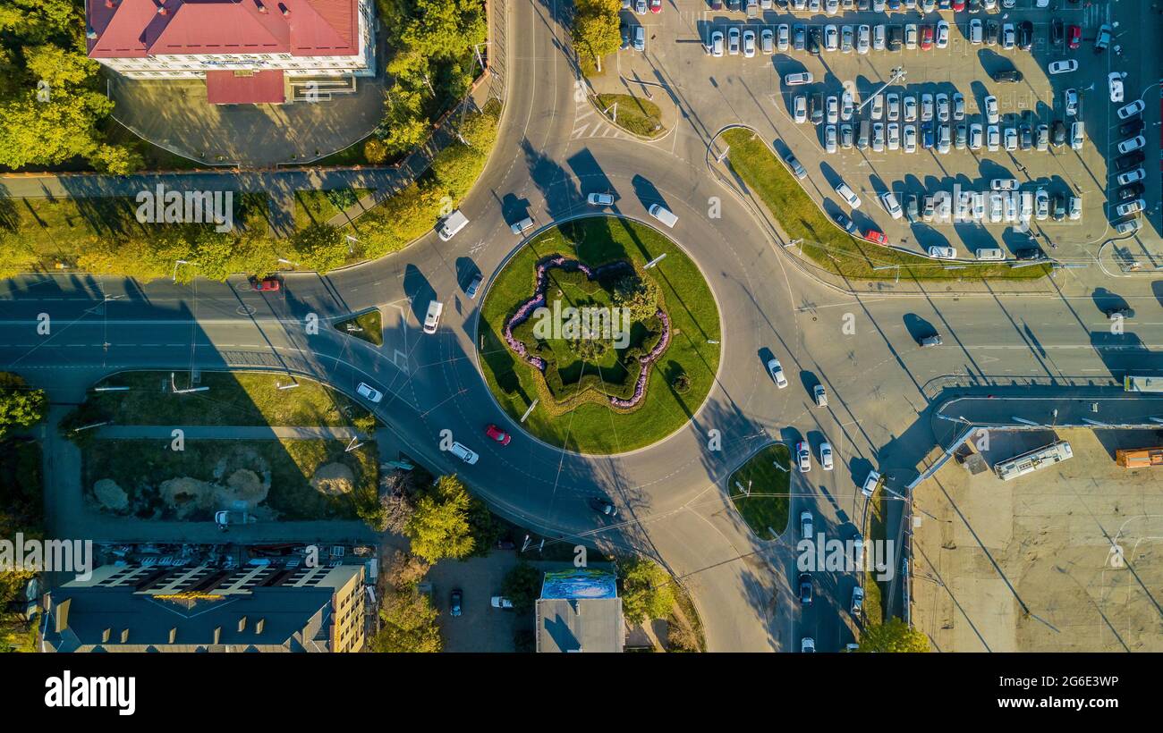 Aerial top view of road junction from above, automobile traffic and jam ...