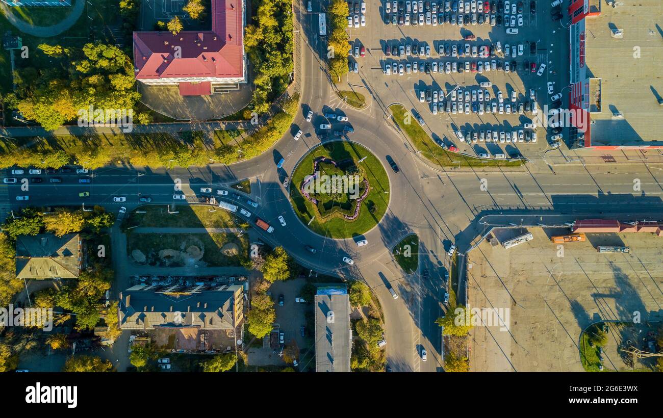 Aerial top view of road junction from above, automobile traffic and jam ...