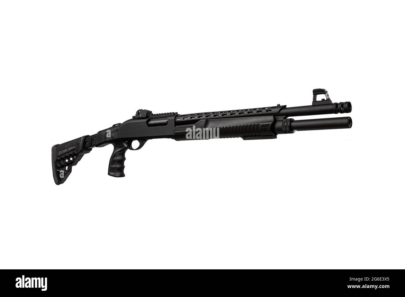 Modern tactical pump action shotgun. Black weapon isolate on a white ...