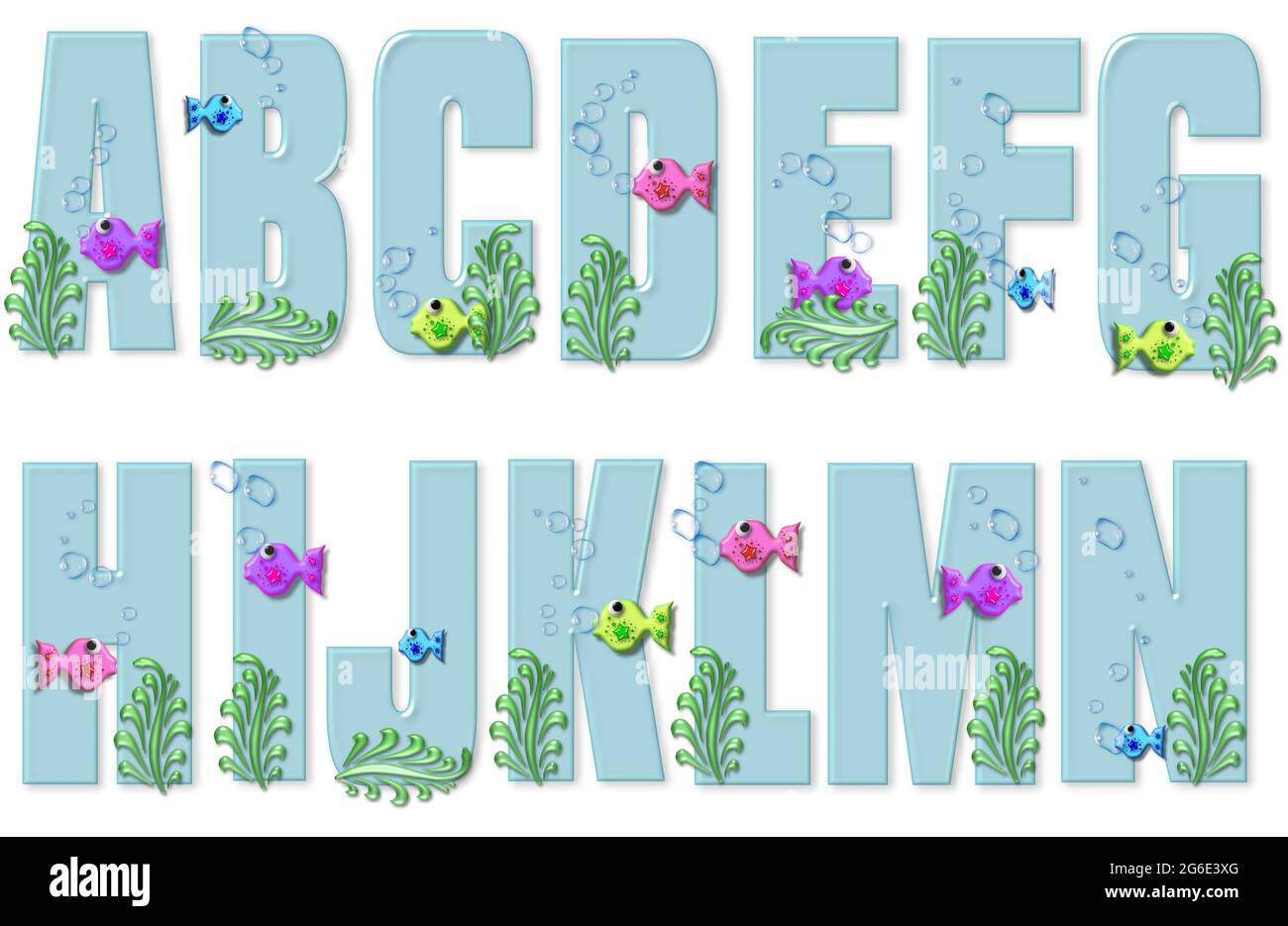 Alphabet letters A to N are aqua with small colorful fish. Each fun ...