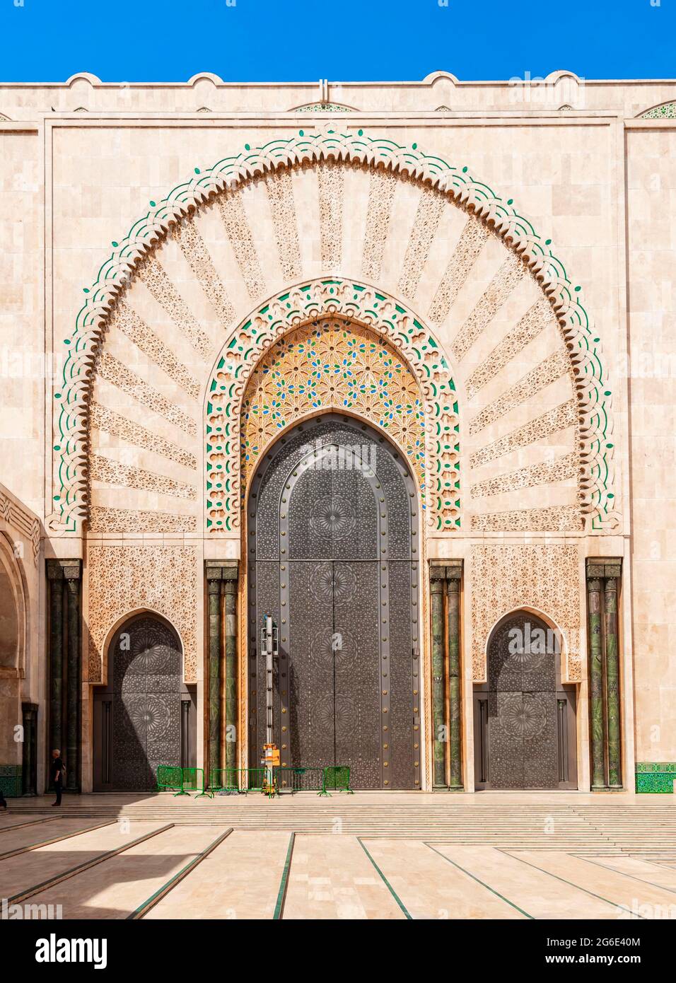 Ornate exterior wall, entrance gate with mosaic and ornament, Hassan II ...