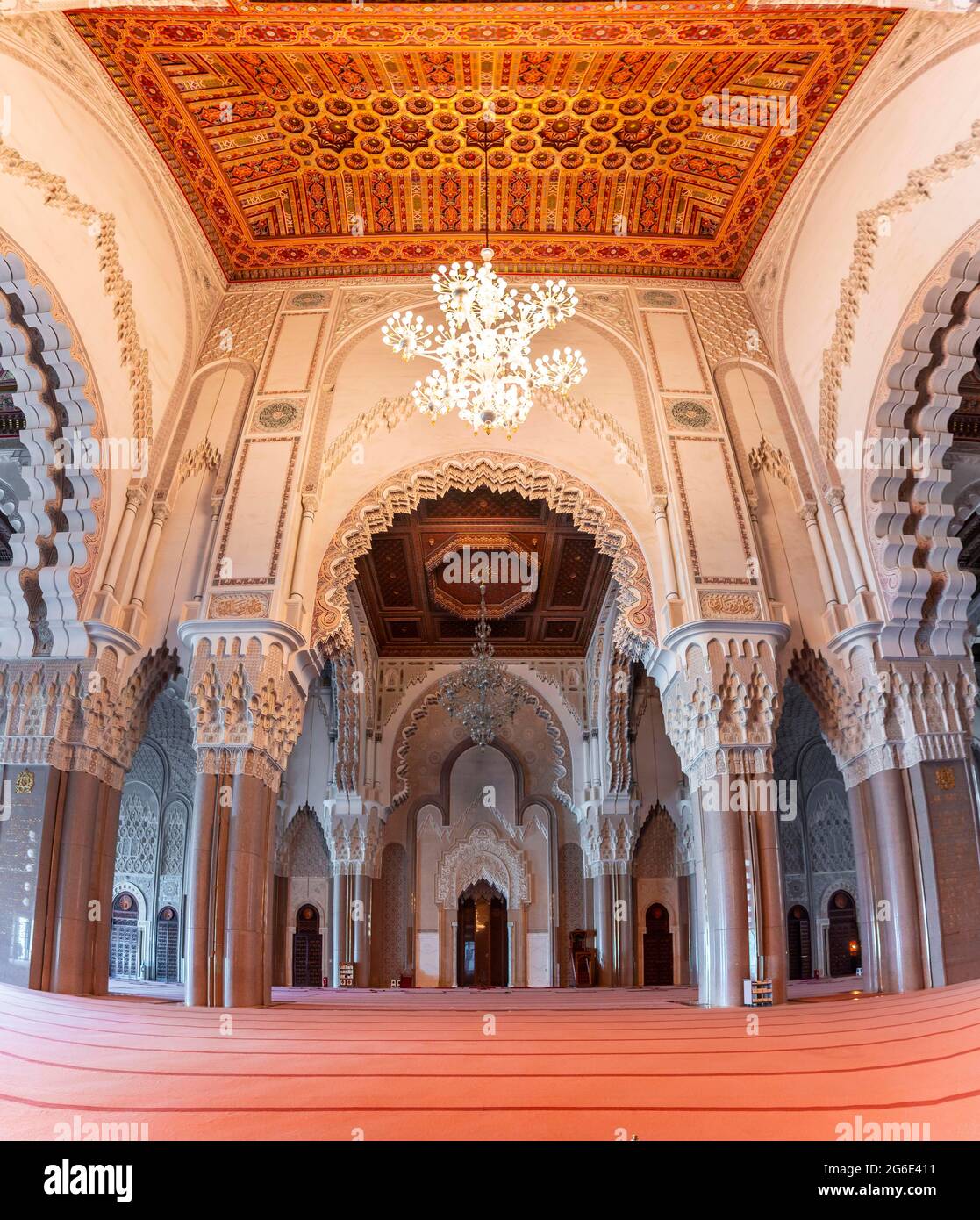 Interior view, prayer hall decorated with ornaments, Hassan II Mosque ... Interior view, prayer hall decorated with ornaments, Hassan II Mosque ...