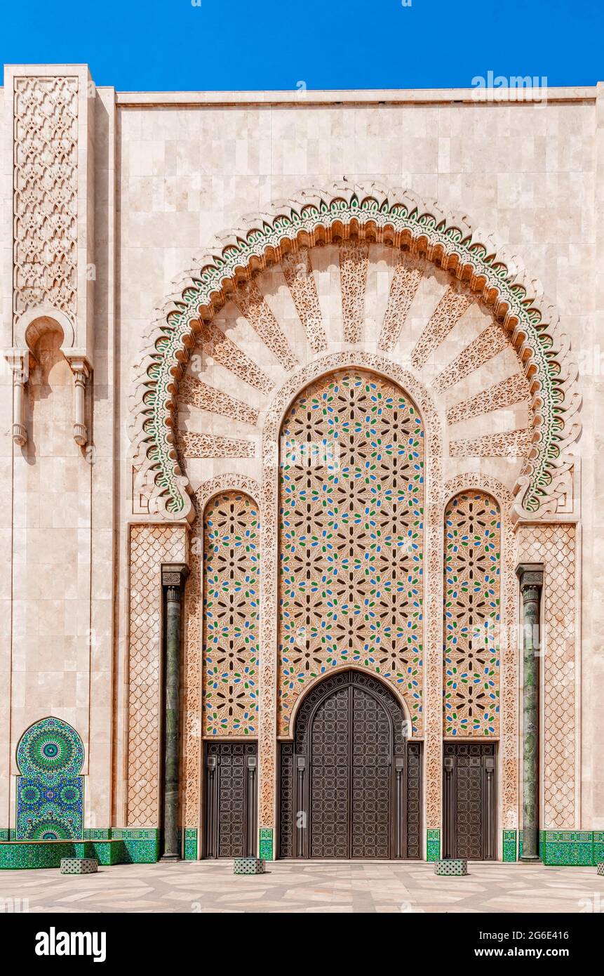 Ornate exterior wall, entrance gate with mosaic and ornament, Hassan II ...