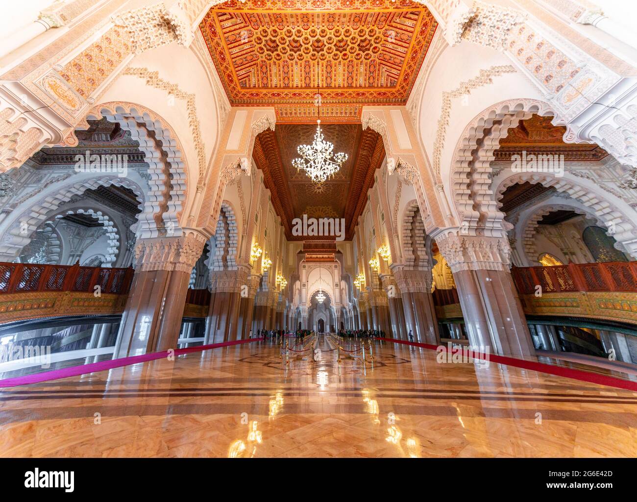 Interior view, prayer hall decorated with ornaments, Hassan II Mosque ...