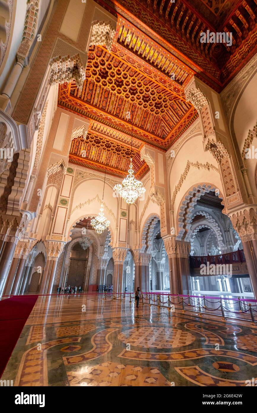 Interior view, prayer hall decorated with ornaments, Hassan II Mosque ... Interior view, prayer hall decorated with ornaments, Hassan II Mosque ...